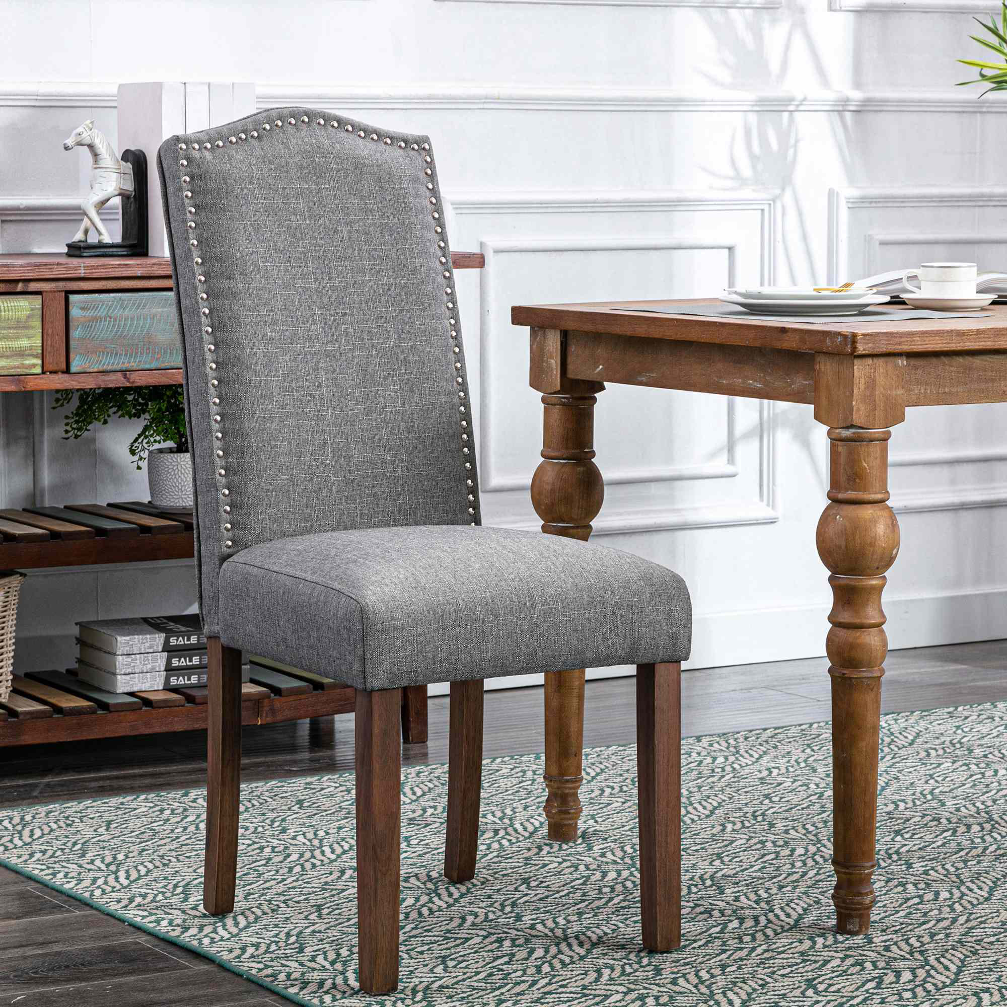 Upholstered Fabric Nailhead Trim Wood Dining Chairs Side Chair Set of 2 Snugway Upholstery Color Gray